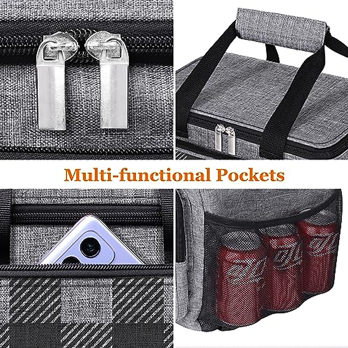 ToteTastic Lunch Bag for Women/Men, Insulated Reusable Lunch Box, LeakProof Lunch Tote Bag with Adjustable Shoulder Strap, Front Zipper Pocket and Dual Large Side Pockets for Work/Picnicl（9L,Plaid）