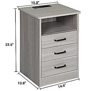 Tiptiper Nightstand Set of 2 with Charging Station,Grey Night Stands for Bedroom,Bedside Table with Drawers & USB Ports, 13.8D x 15.8W x 23.6H in