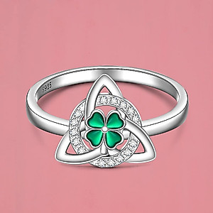 St Patricks Day Shamrock Ring Clover Ring for Women Sterling Silver Clover Rings Green Irish Lucky Friendship Leaf Celtic Knot Cubic Zirconia Triangle Jewelry Size 8