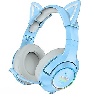 SIMGAL Blue Gaming Headset with Removable Cat Ears, Compatible with PC PS4 PS5 Xbox One(Adapter Not Included) Mobile Phones, with Surround Sound, RGB Backlight & Retractable Microphone