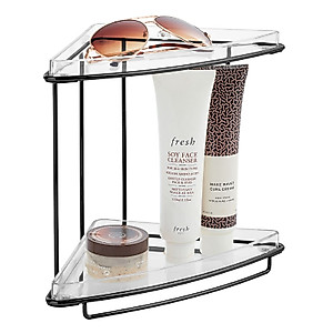 mDesign Steel/Plastic Freestanding Countertop Corner Shelf Organizer with 2-Tier Storage for Bathroom, Vanity, Cabinet, Counter - Holds Makeup, Bath Gel - Prism Collection - Clear/Matte Black