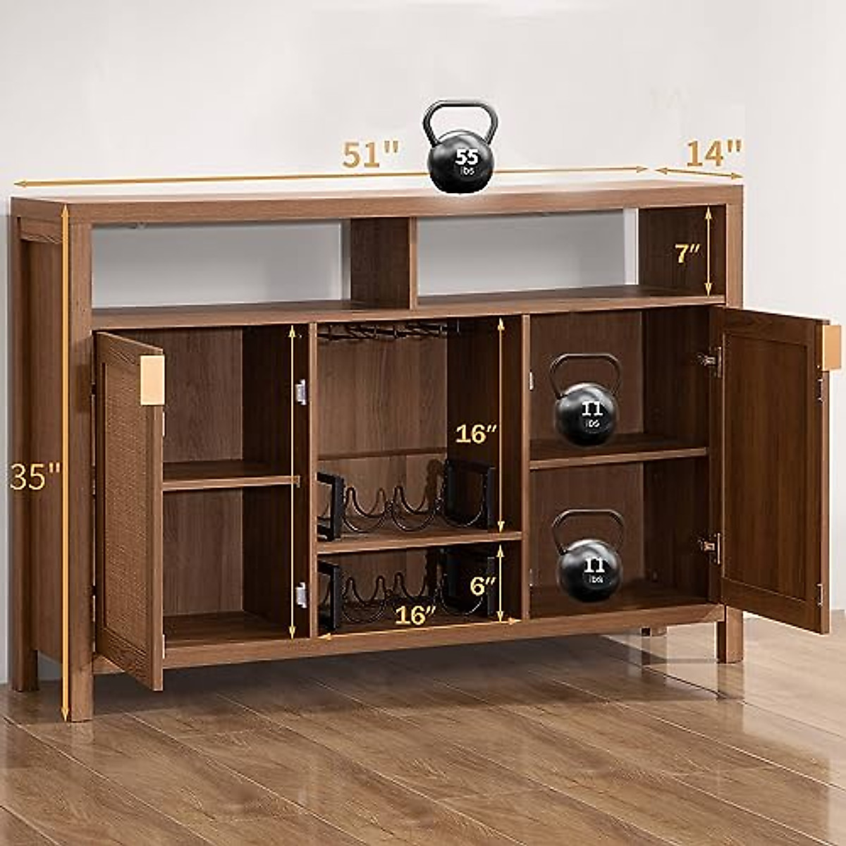 SICOTAS Coffee Bar Cabinet, 51" Rattan Sideboard Buffet Cabinet with Storage, Boho Farmhouse Liquor Cabinet with Wine Racks Credenza Console Buffet Table for Home Living Dining Room Entryway, Natural