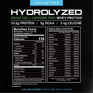 Muscle Feast Grass-Fed Hydrolyzed Whey Protein Powder, All Natural Hormone-Free, Unflavored, 5lb