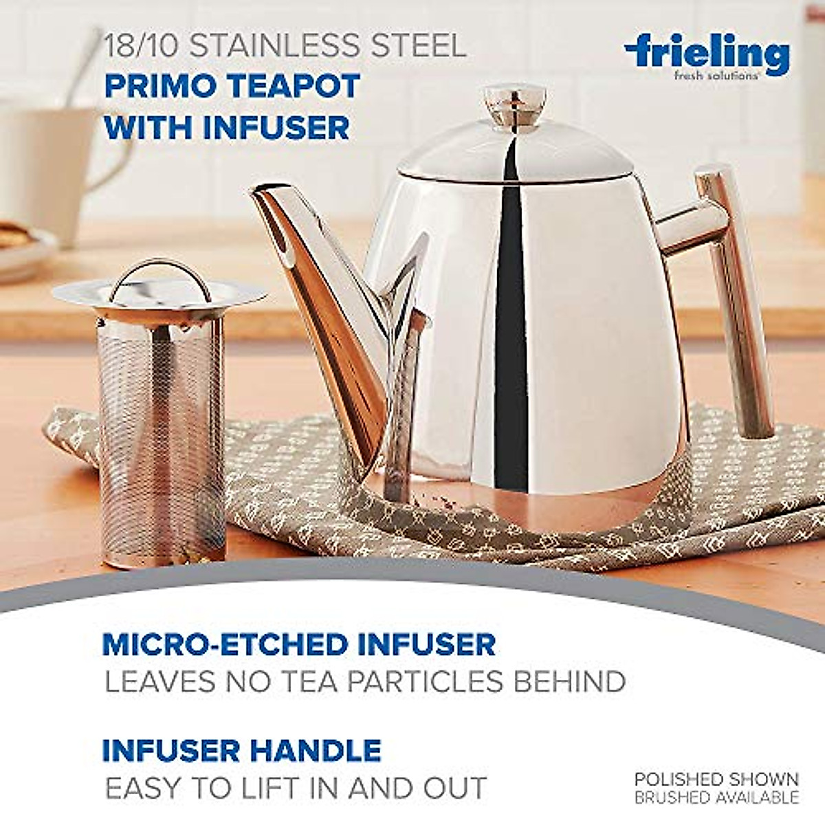 Frieling USA 0127 18/8 Brushed Stainless Steel Primo Teapot with Infuser, 7.5" H, Silver