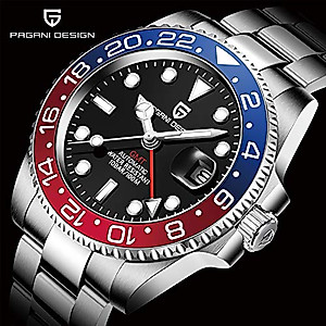 BY BENYAR Pagani Design Men GMT Automatic Watches-Fashion Stainless Steel Mechanical Watch-Sapphire Glass Lens Watch Men (Blue red)