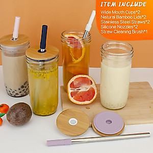 Tronco Glass Cups Set 2 Pack, 24oz Wide Mouth Mason Jar Drinking Glasses with Bamboo Lids & Straws,Reusable Glass Boba Tea Cup for Smoothie, Iced Coffee Cup,Juice,Pearl Milkshake