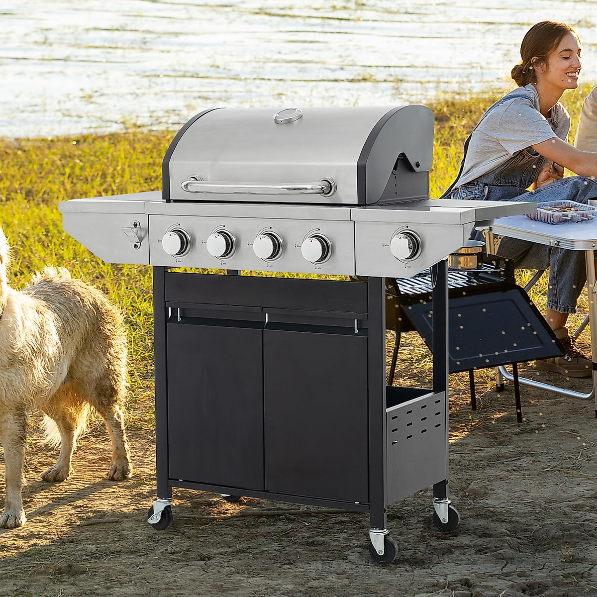 4-Burners Propane Gas BBQ Grill With Side Burner and Thermometer,Stainless Steel BBQ Grill,1,33950 BTU Output,Suitable For Outdoor Cooking Kitchen And Patio Backyard Barbecue (Silver)