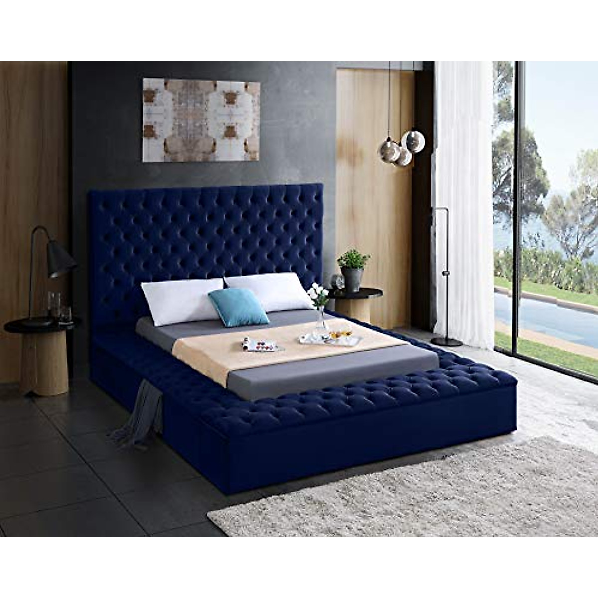 Meridian Furniture Bliss Collection Modern | Contemporary Velvet Upholstered Bed with Deep Button Tufting and Storage Compartments in Rails and Footboard, Queen, Navy