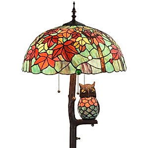 Bieye L10841 Maple Tree Leaves Tiffany Style Stained Glass Floor Lamp with 18 inches Wide Lampshade, Owl Side Lamp, 4-Light, 65 inches Tall