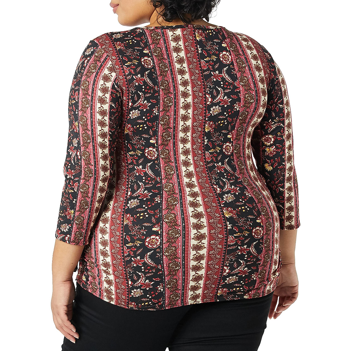 Star Vixen Women's Plus Size 3/4 Sleeve V Neck Top with Ruched Side Detail, Black Mauve Wallpaper, 4X