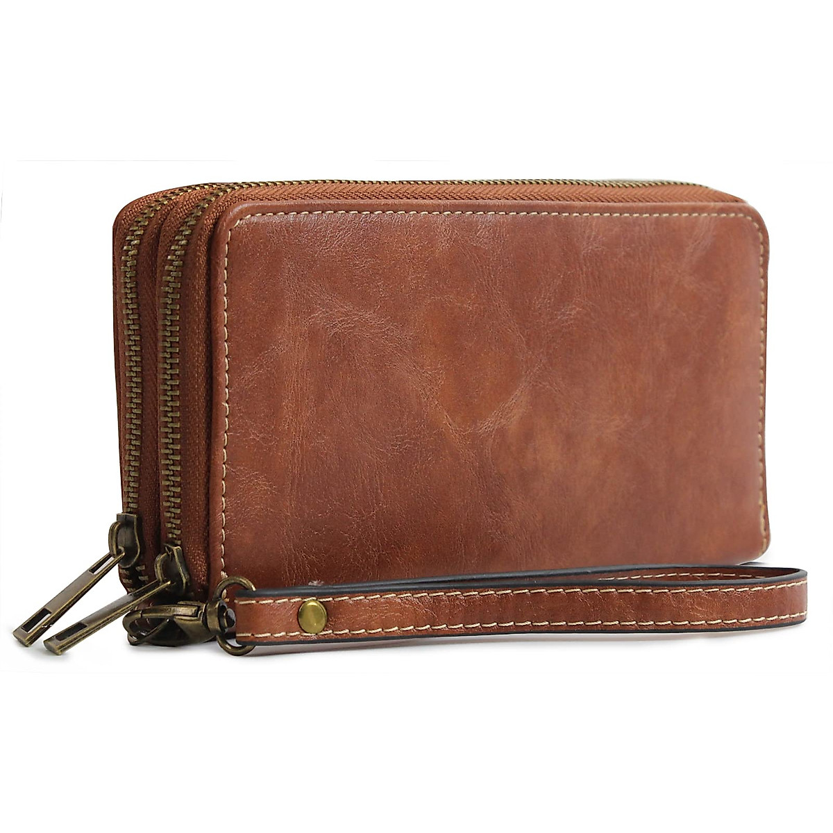 Autumnwell RFID Blocking Double Zipper Long Clutch Wallet Cellphone Wallet for Women with Hand Strap for Card, Cash, Coin, Bill (beige)