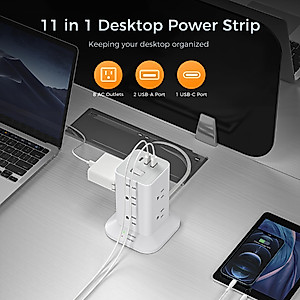 Surge Protector Power Strip Tower 10 FT, TESSAN Flat Plug Extension Cord with 8 AC Outlets 3 USB Ports (1 USB C), 1700J Protection Desk Charging Station for Home, Office Supplies, Dorm Room Essentials