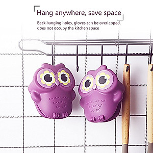 2 Pack Silicone Oven Mitts, Funny Mini Owl Gloves, Oven Mitts Heat Resistant, Kitchen Mitt Potholders for Cooking and BBQ, Easy Clean(Purple)