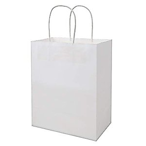 bagmad 50 Pack Sturdy Medium White Gift Paper Bags with Handles Bulk, Kraft Bags 8x4.75x10 inch, Craft Grocery Shopping Retail Party Favors Wedding Bags Sacks (White, 50pcs)