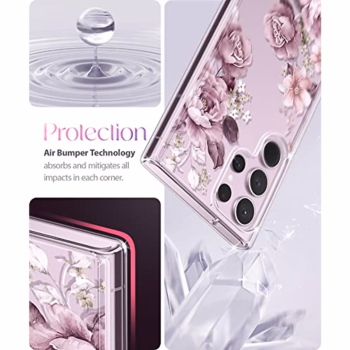 GUOVLIN for Samsung Galaxy S23 Ultra Case 6.8", [Camera Lens Protector] Flower Shockproof Hard Back & Soft Edge Clear Floral Women Protective Slim Bumper Phone Cover, 2023 (Alluring Purple)