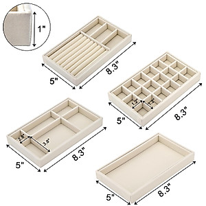 Elsjoy Set of 8 Velvet Jewelry Tray, Drawer Insert Divided Storage Holder Stackable Jewelry Organizer, Necklace Bracelet Display Tray for Earring, Ring, Brooch, Watch, 8.3"x5"x1" Beige 4 Styles