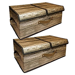 Double Compartment X-Large Collapsible Multi-Use Storage Bins with Dual Lids, Fold-up Cloth and Home Décor Dual Space Storage Caddy Box, Two Compartment Closet Chest (Pack of 2, Reclaimed Wood)