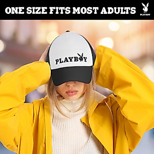 Playboy Trucker Hat, Mesh Adjustable Snapback Baseball Cap with Curved Brim, Black, One Size
