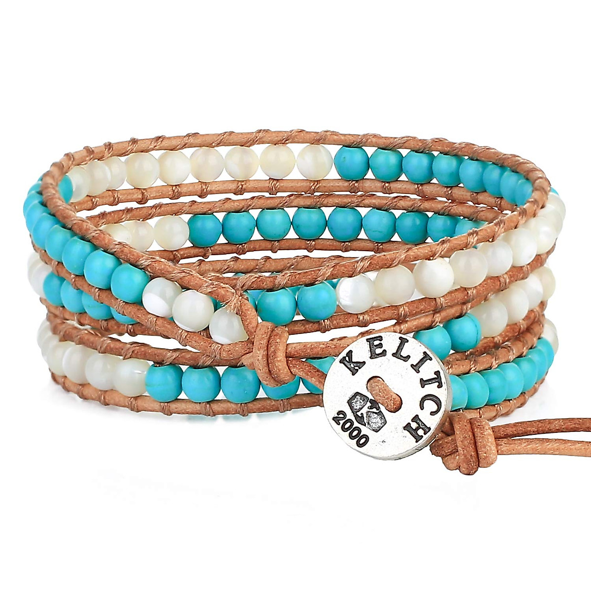 KELITCH Shell Created-Turquoise Beaded Bracelets Handmade Leather 3 Wrap Bracelets Chic Bangle Jewelry