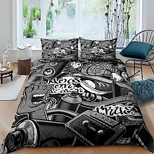 Feelyou Graffiti Bedding Set for Teens Boys Twin Rock Music Theme Duvet Cover Set Hip Hop Comforter Cover Set Kids Teenage Street Art Quilt Cover Hippie Room Decor Bedding with 1 Pillow Sham (2Pcs)
