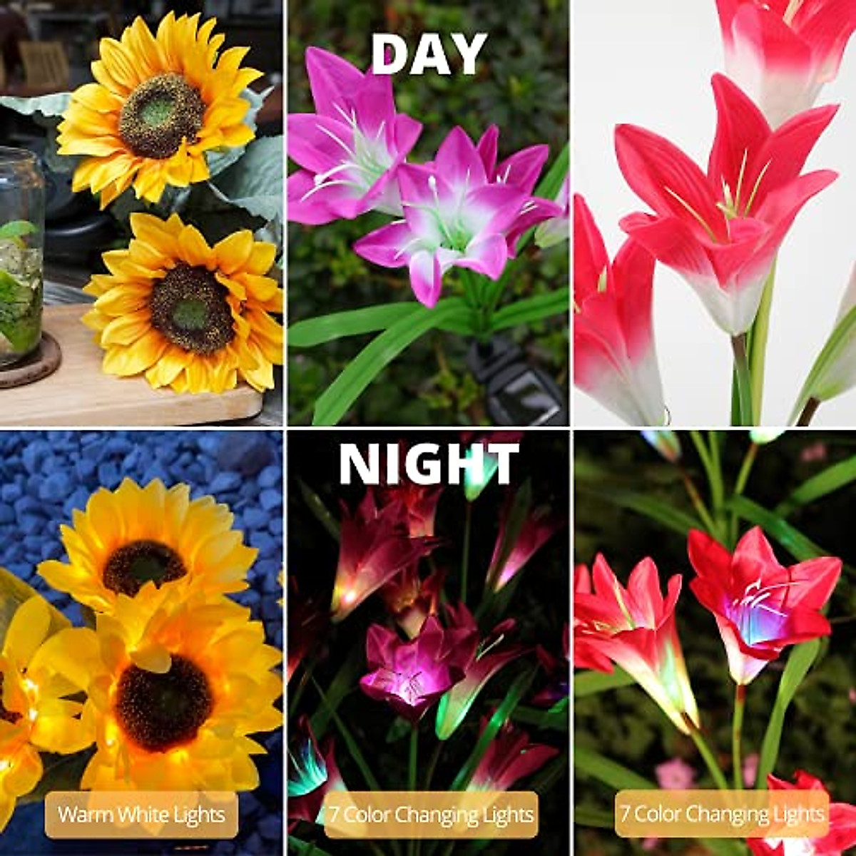 JHBOX Solar Flower Lights 4 Pack Combo - 2 Sunflower Lights and 2 Lily Flowers Garden Light, Solar Christmas Lights Garden Stakes for Winter Outdoor Decor, Holiday Lighting for Patio, Pathway, Yard