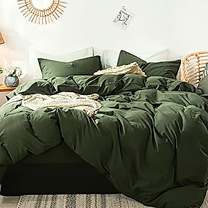 MooMee Bedding Duvet Cover Set 100% Washed Cotton Linen Like Textured Breathable Durable Soft Comfy (Olive Green, King Size)