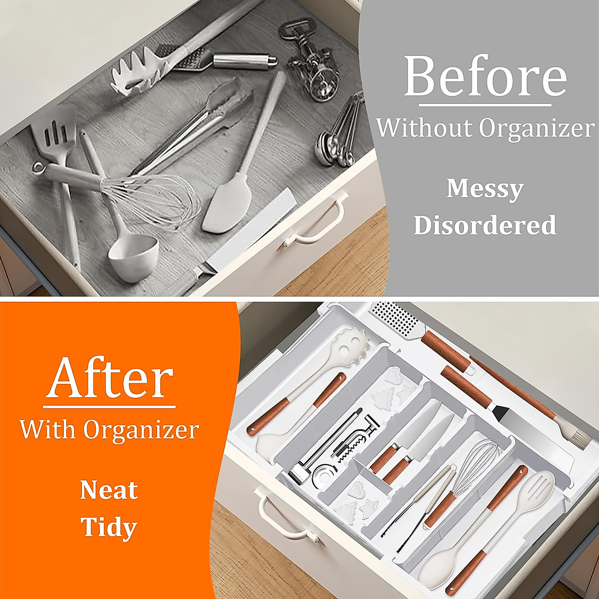 Spaclear Large Utensil Drawer Organizer Expandable Silverware Organizer for Kitchen Drawer Adjustable Cooking Utensil Holder Cutlery Flatware Tray Spatula Tools Gadgets Storage Dividers Plastic White