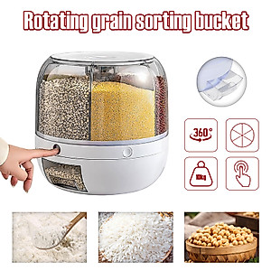 KONKENIE 6 Grids Rotatable Grain Storage Tank with Lid 10kg Rice Cereal Bean Flour Plastic Container 360° Rotating Round Dry Food Dispenser for Home Kitchen Pantry Store White&Clear (9.5x10.6x10.6in)