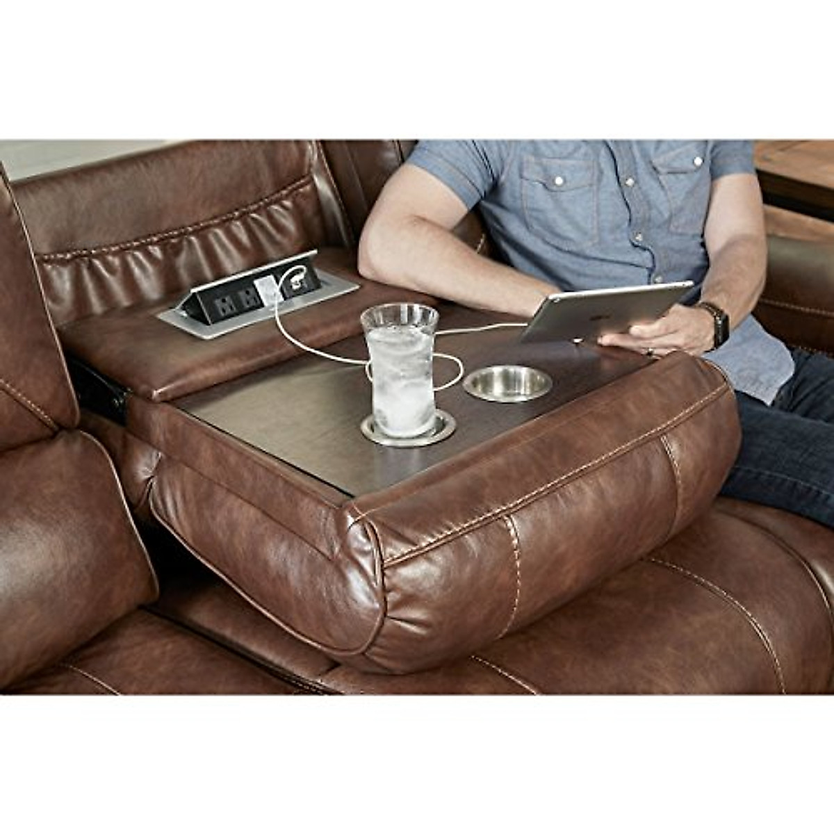 Roundhill Furniture Achern Brown Leather-Air Nailhead Manual Reclining Sofa and Loveseat with Storage Console and USB Port