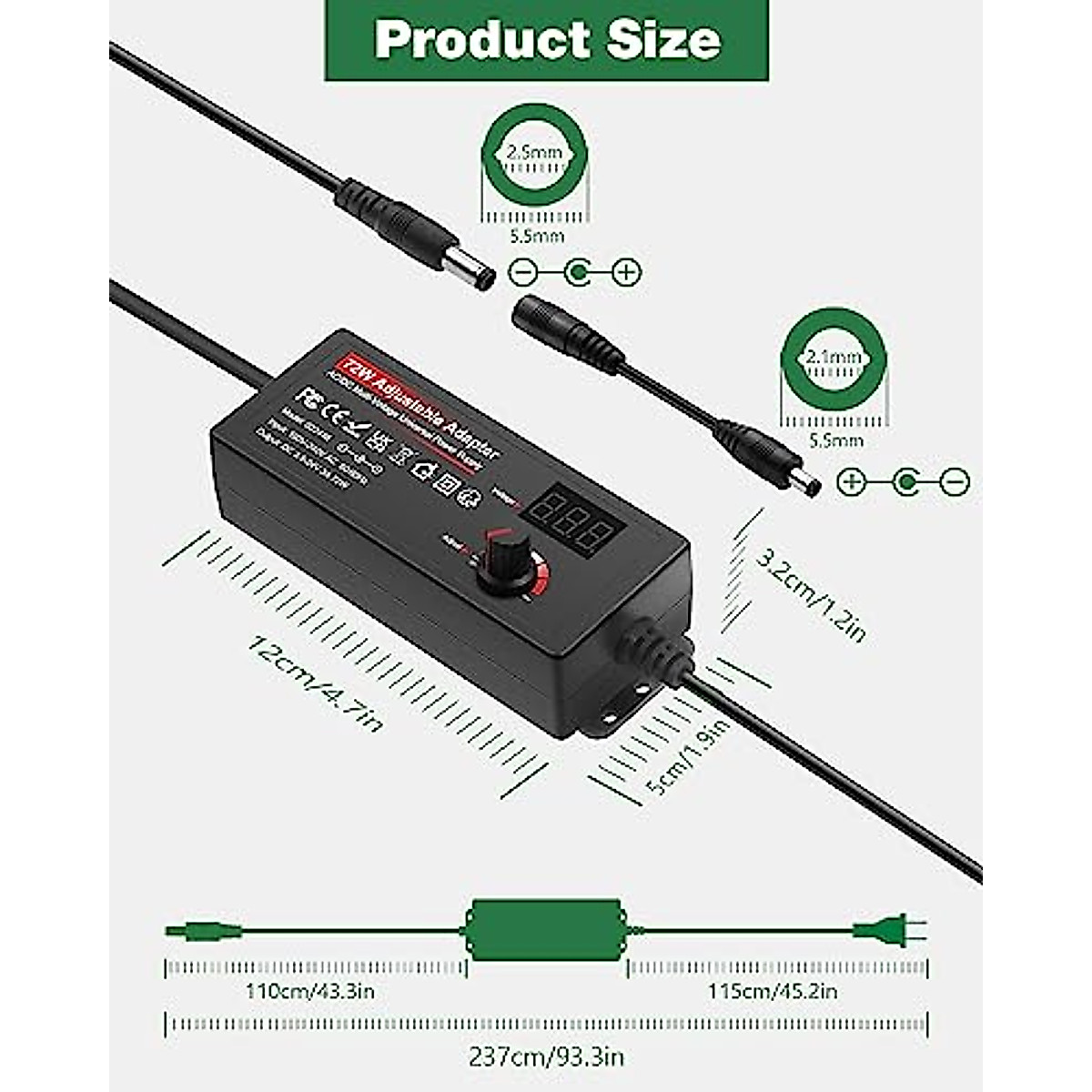 JOVNO Universal Power Supply 3V-24V 3A 72W Adjustable AC/DC Adapter 100~240V AC to DC 5V 9V 12V 15V 19V 20V with LED Display 14 Plugs 1 Reverse Polarity Converter Cable for LED Strips Motors Speaks