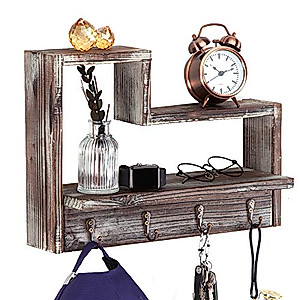 J JACKCUBE DESIGN Wall Mount Entryway Key Holder Rustic Wood Hanging Shelf with 4 Hooks for Keys, Mails, Home Decor Display Wooden Cubby Rack Hanger- MK537A