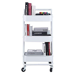 3-Tier Metal Mesh Rolling Cart Storage Organizer with Utility Handle and Wheels, White