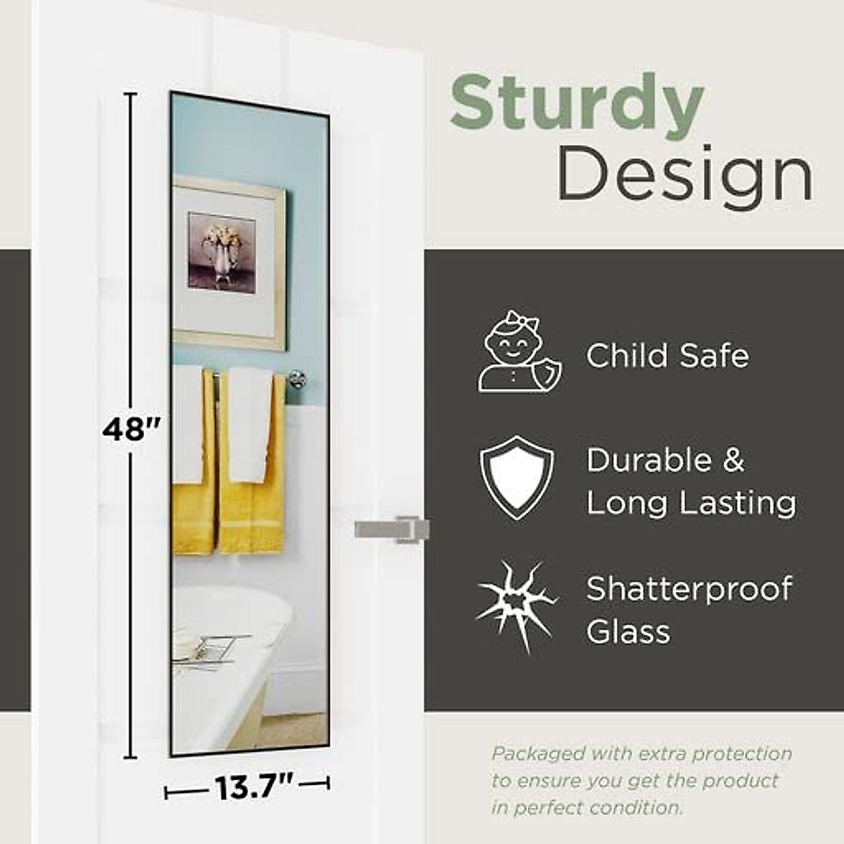 Mirrotek - Full Length Adjustable Over The Door Mirror Black Aluminum Finish - Hanging Instant Install Long Full Body Mirror for Bedroom, Dorm Room