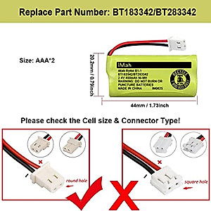 iMah BT183342/BT283342 2.4V 400mAh Ni-MH Battery Compatible with AT&T CL82207 EL52100 EL50003 VTech CS6709 CS6609 CS6409 BL102-3 Handset Replace Battery BT166342 BT266342 BT162342 BT262342, 2-Pack