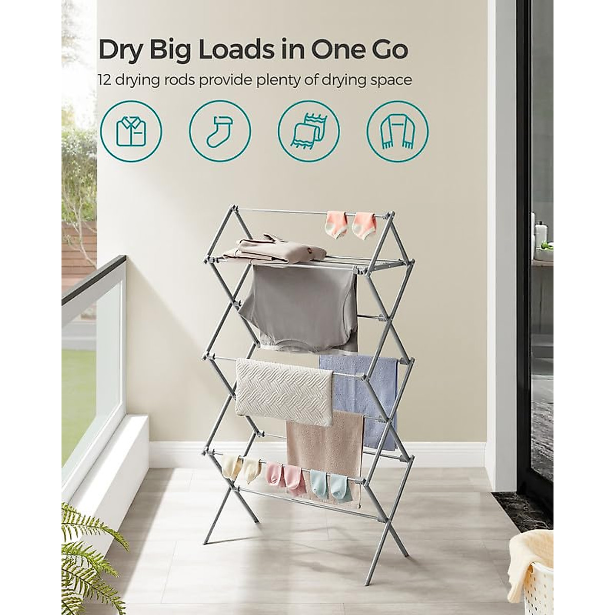 SONGMICS Foldable Clothes Drying Rack, Laundry Drying Rack, Clothes Airer, Steel Frame, 14.6 x 29.5 x 53.2 Inches, Easy Assembly, Indoor Outdoor Use, Gray ULLR770G01