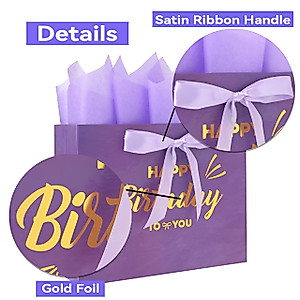 13" Large Purple Painting Gift Bag Set with Greeting Card and Lavender Tissue Papers (Gold Foil Happy Birthday) for Women's Birthday Party, Girls' Birthday Parties, Baby Shower, Baby Girl -