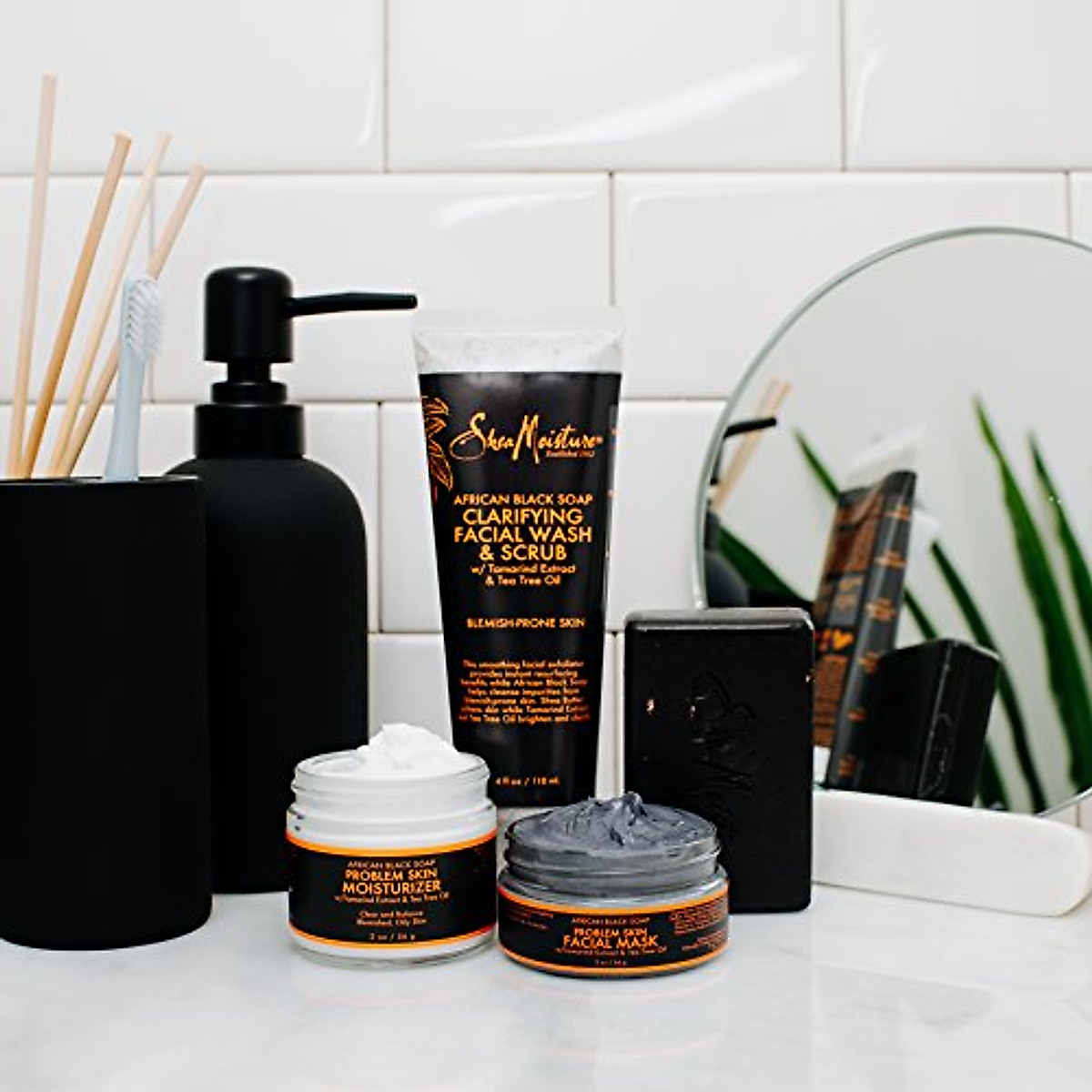 Shea Moisture African Black Soap Face Wash Regimen Kit - Shea Moisture Soap Bar for Face & Body, Clarifying Facial Wash & Scrub, Problem Skin Moisturizer and Facial Mask Bundle (4 Piece Set)