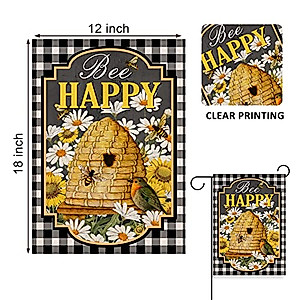 Covido Home Decorative Bee Happy Spring Garden Flag, Daisy Flowers Bird House Yard Buffalo Plaid Check Hive Sunflower Honeycomb Outside Decoration, Summer Farmhouse Outdoor Small Burlap Decor 12 x 18