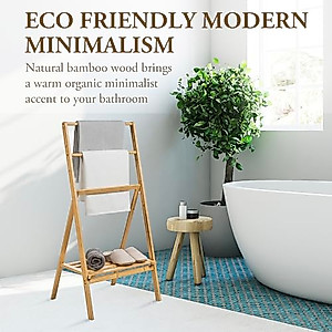 MyGift 43 Inch Light Brown Solid Bamboo Freestanding Towel Rack, Bathroom Folding Towel Drying Stand with Bottom Storage Shelf
