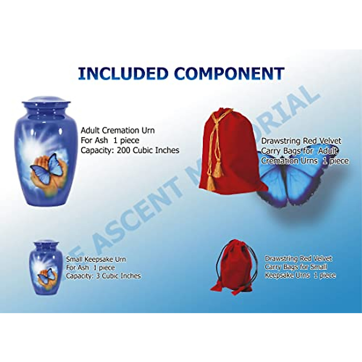 THE ASCENT MEMORIAL Urn for Human Ashes Adult Male Female | Butterfly Printed Large Funeral Urn | Complimentary Small Keepsake Vial | 2 Velvet Carry Bags for Urns and Keepsakes