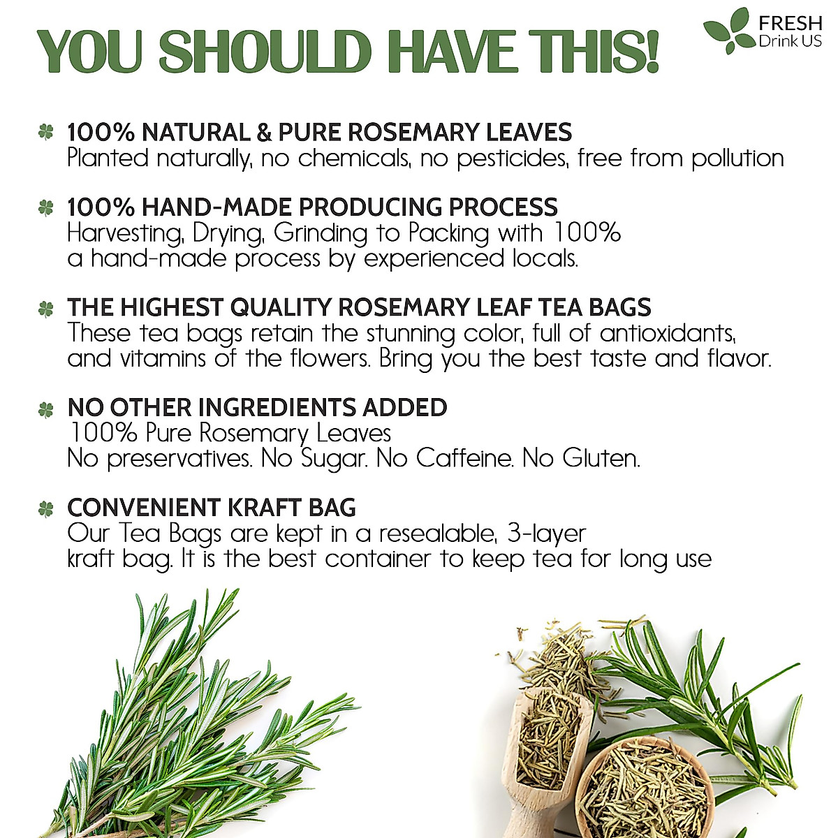 FreshDrinkUS, 100 Rosemary Leaf Tea Bags, Made with 100% Natural Rosemary Dried Leaves, Pure Rosemary Herbal Tea, No Additives, No Caffeine, No Gluten, Vegan.