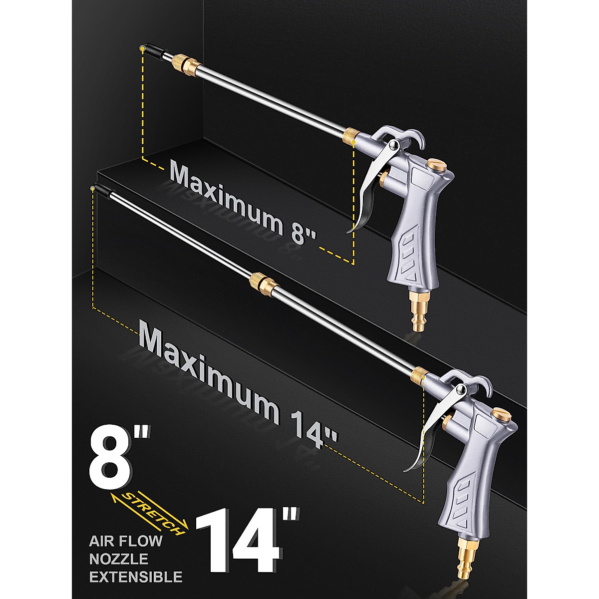 JASTIND Industrial Air Blow Gun with Brass Adjustable Air Nozzle, 8-14 Inch Extension with 2 Steel Air Flow Nozzle, High Volume Air Tool Dust Blower Gun for Air Compressor Attachments