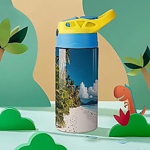 Stainless Steel Water Bottles White Beach Tropical Sea Travel Water Cups with Handle And Silicone Straw Drinking Cup with Leak Proof Lid Thermo Travel Mug for Women Men