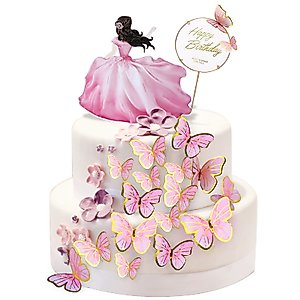 Cadeya Butterfly Happy Birthday Cake Toppers Set, 56 Pcs Butterfly Cake Decorations Party Supplies with 1 Pcs Metal Gold Happy Birthday Cake Topper for Kids Wedding (Pink)