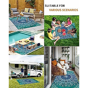 Outdoor Rugs, Waterproof Indoor Carpet, Blue and Green Medallion Custom 4'x6' Outside Area Rug for Patios RV Camping Beach Floor Mat for Balcony Bed Room Living Room Dining Room Mat