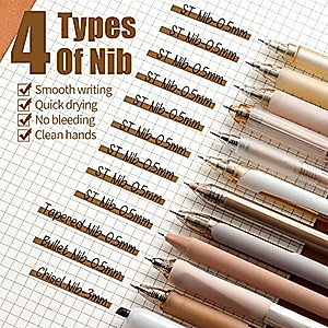 Four Candies 12Pack Pastel Gel Ink Pen Set, 11 Pack Black Ink Pens with 1Pack Highlighter for Writing, Retractable 0.5mm Fine Point Gel Pens, Cute Note Taking Pens for School Office (Brown)