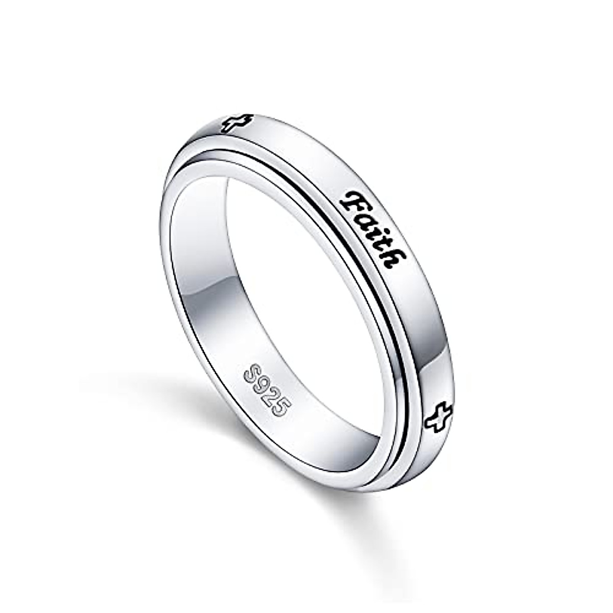 S925 Sterling Silver Spinner Fidget Anxiety Worry Relieving Boredom ADHD Autism Band Rings Faith Hope Love Cross