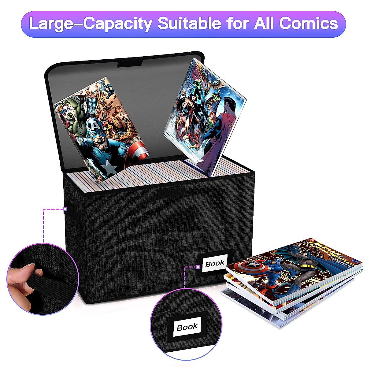 YNSZAS Comic Book Storage, Comic Book Box, 15.8" X 7.8" X 11.8", Collapsible Comic Short Box, Holds 160-180 Comic Book, Heavy Duty Comic Book Bin Container Holder Shelf (Black)