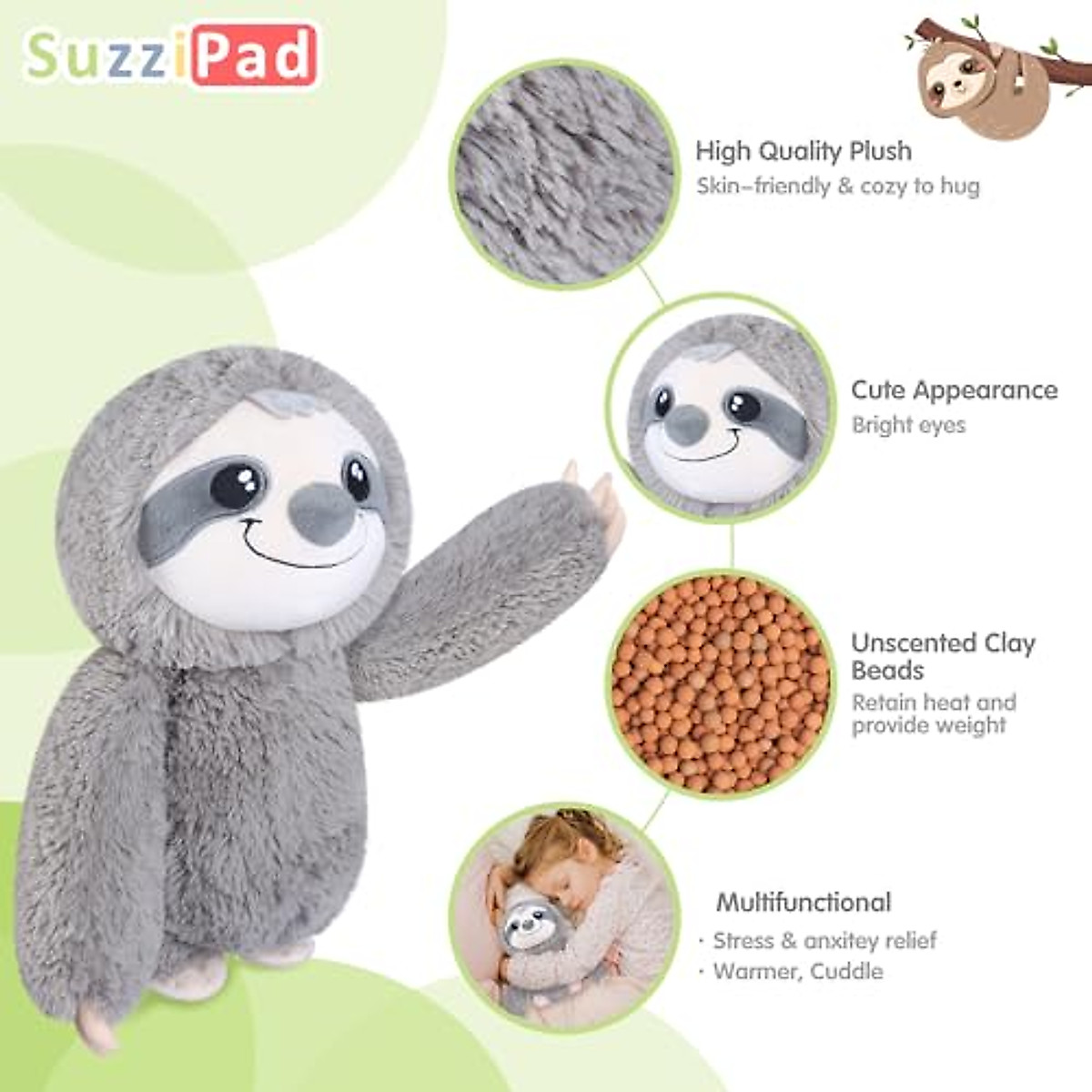 SuzziPad Microwavable Stuffed Animal, Heated Sloth Plush for Anxiety, Bedtime, Cuddle & Companion, Soreness & Stress Relief, Warmer Plueshies, Microwave Heating Pad, Gifts for Women, Gray