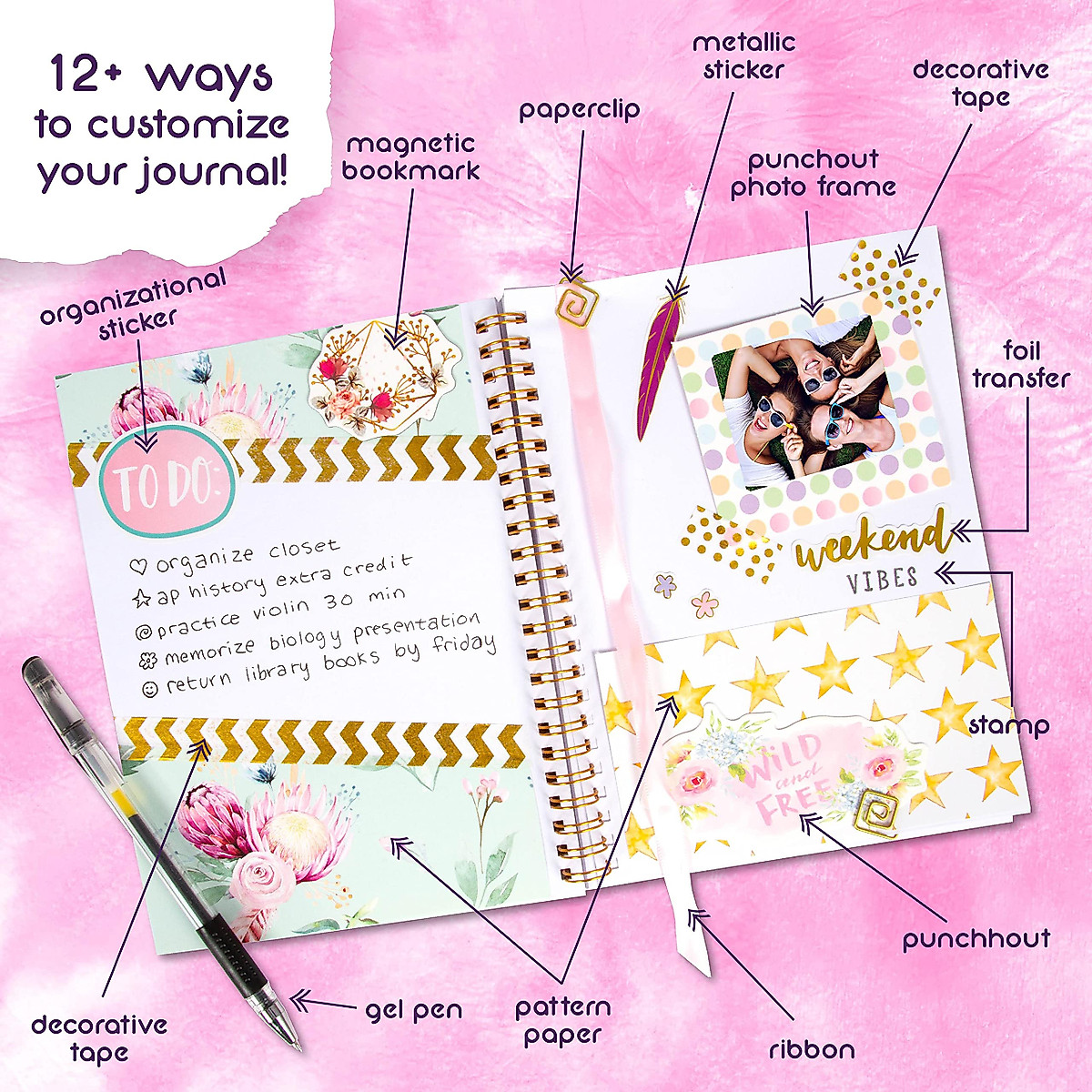 Good Vibes Journal DIY Set by Craft Vibes Only – Personalized Diary - Custom Journals for Girls - Creative Writing Scrapbook Kit - Customize Your Notebook - Pen Included! - Ages 8 & Up
